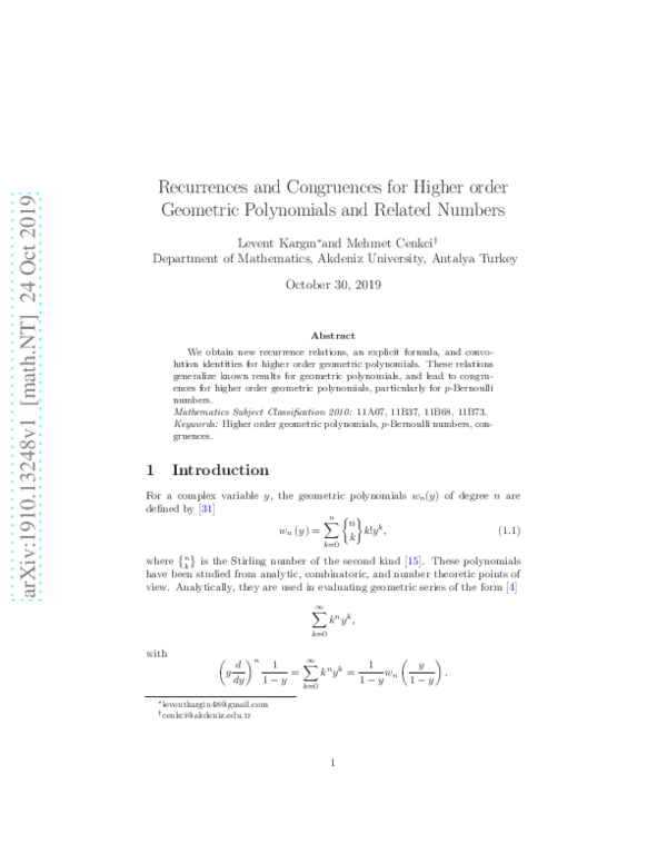 (PDF) Recurrences and Congruences for Higher order Geometric ...