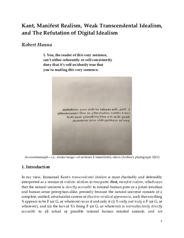 (PDF) Kant, Manifest Realism, Weak Transcendental Idealism, and The ...