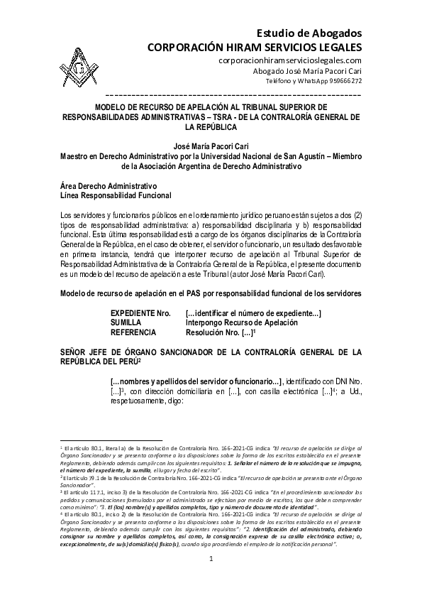 (PDF) MODELO DE RECURSO DE APELACIÓN AL TRIBUNAL SUPERIOR DE ...