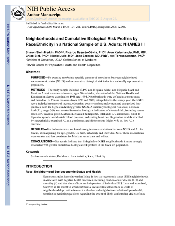 (PDF) Neighborhoods and Cumulative Biological Risk Profiles by Race ...