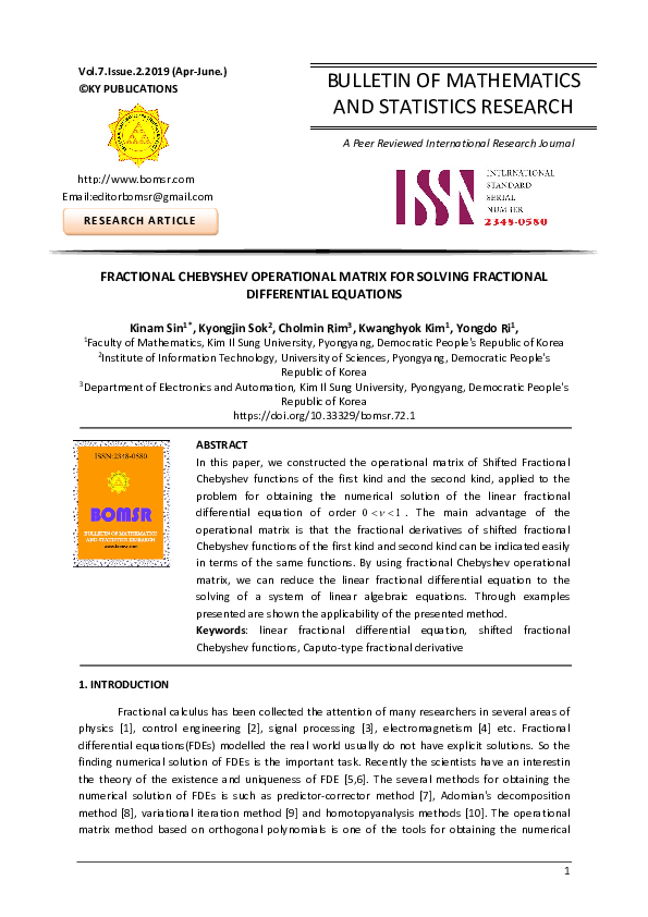 (PDF) Fractional Chebyshev Operational Matrix for Solving Fractional ...