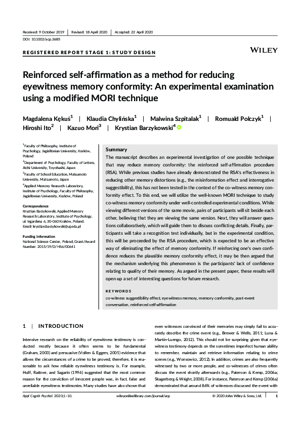 (PDF) Reinforced self‐affirmation as a method for reducing eyewitness ...