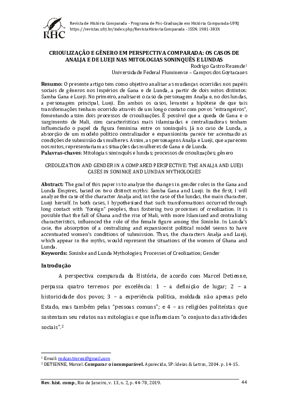 (PDF) CRIOULIZAÇÃO E GÊNERO EM PERSPECTIVA COMPARADA: OS CASOS DE ...