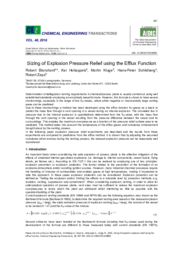 (PDF) Sizing of Explosion Pressure Relief using the Efflux Function