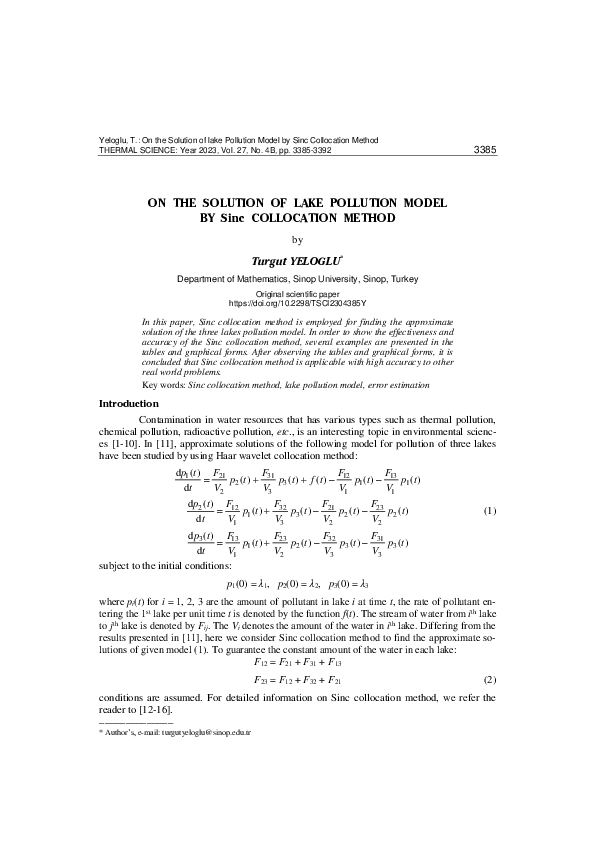(PDF) On the solution of lake pollution model by Sinc collocation method