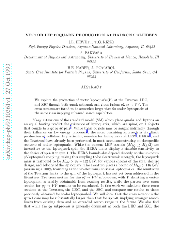 (PDF) Vector leptoquark production at hadron colliders