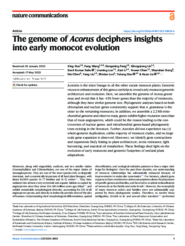 (PDF) The genome of Acorus deciphers insights into early monocot evolution
