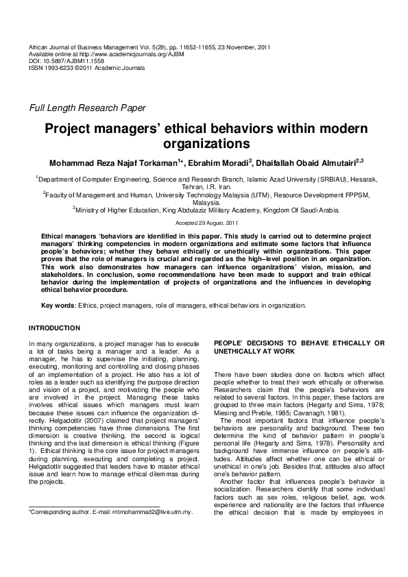 (PDF) Project managers’ ethical behaviors within modern organizations