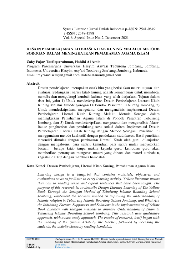 (PDF) Desain Pembelajaran Literasi Kitab Kuning Melalui Metode Sorogan ...