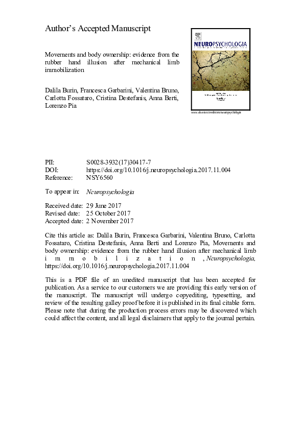 (PDF) Movements and body ownership: Evidence from the rubber hand ...