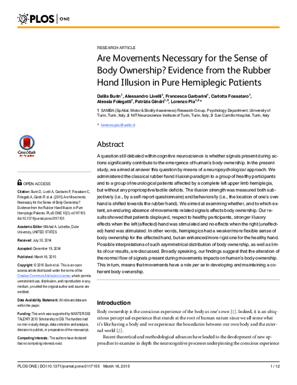 (PDF) Are Movements Necessary for the Sense of Body Ownership? Evidence ...