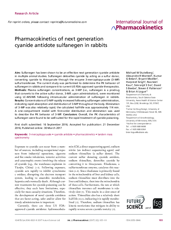 (PDF) Pharmacokinetics of next generation cyanide antidote sulfanegen ...