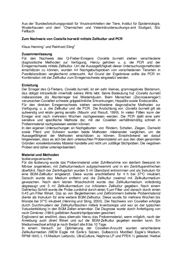 (PDF) Zum Nachweis von Coxiella burnetii mittels Zellkultur und PCR
