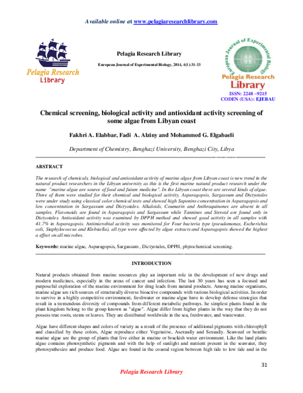 (PDF) Chemical screening, biological activity and antioxidant activity ...