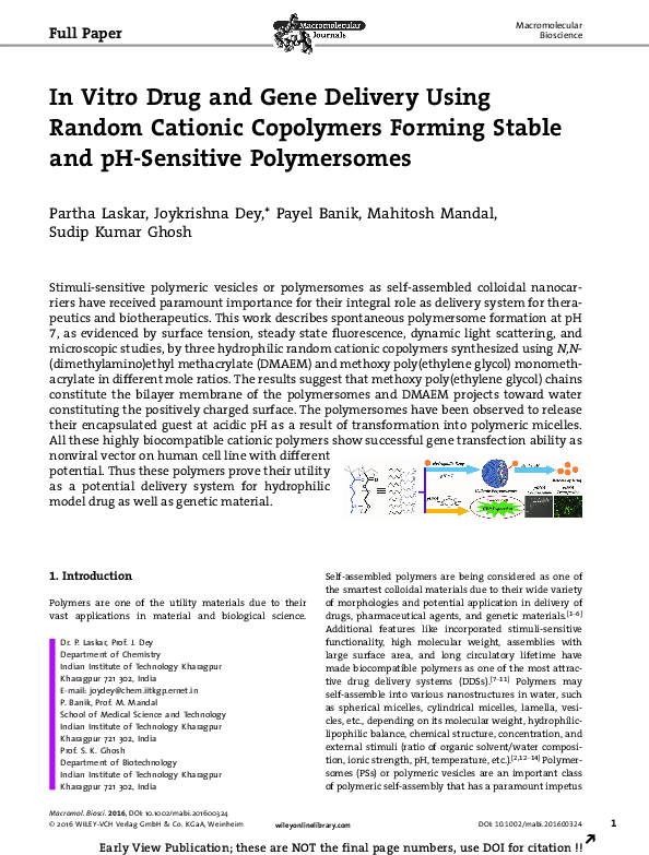 (PDF) In Vitro Drug and Gene Delivery Using Random Cationic Copolymers ...