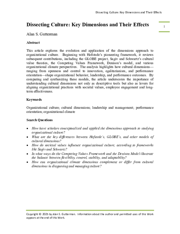 (PDF) Dissecting Culture Key Dimensions and Their Effects