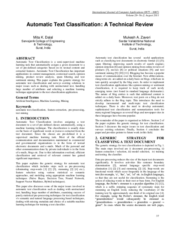 (PDF) Automatic Text Classification: A Technical Review