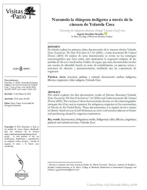 (PDF) Narrando la diáspora indígena a través de la cámara de Yolanda Cruz