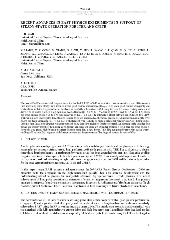 (PDF) Recent advances in EAST physics experiments in support of steady ...