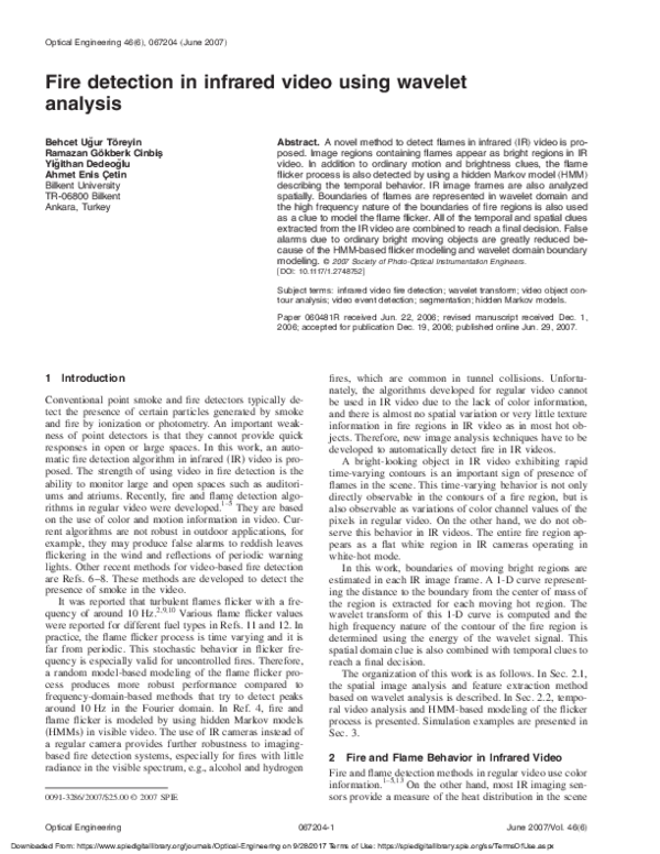 (PDF) Fire detection in infrared video using wavelet analysis