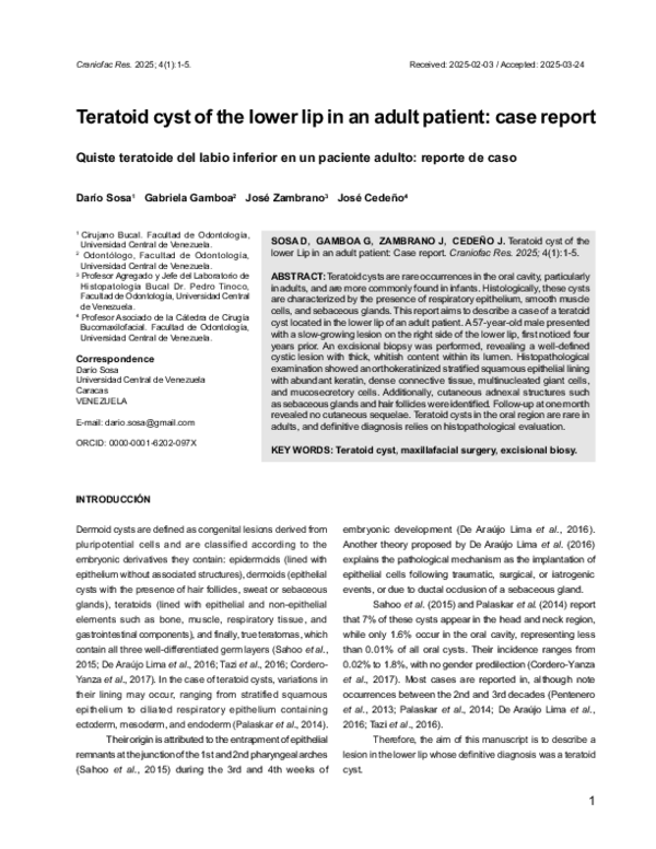 (PDF) Teratoid cyst of the lower lip in an adult patient: case report