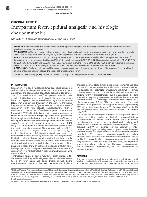 (PDF) Intrapartum fever, epidural analgesia and histologic chorioamnionitis