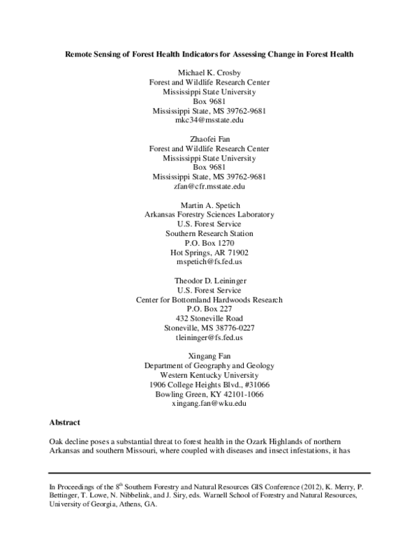 (PDF) Remote Sensing of Forest Health Indicators for Assessing Change ...