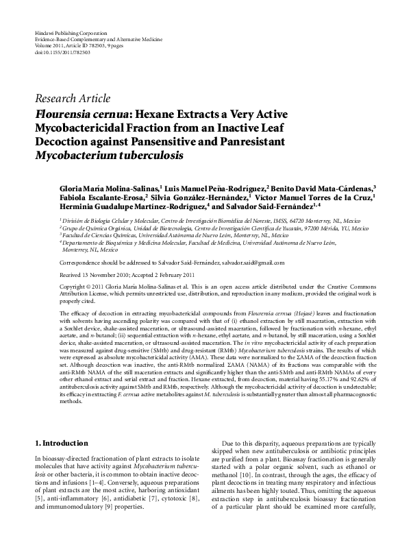 (PDF) Flourensia cernua: Hexane Extracts a Very Active Mycobactericidal ...
