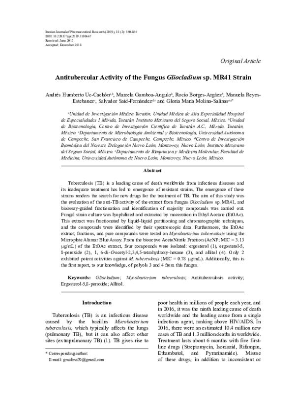 (PDF) Antitubercular Activity of the Fungus Gliocladium sp. MR41 Strain