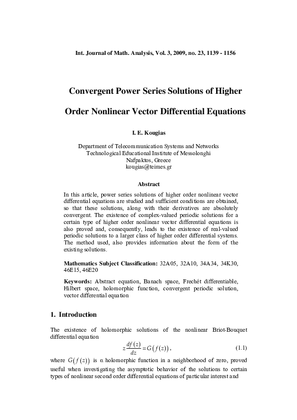 (PDF) Convergent Power Series Solutions of Higher Order Nonlinear ...