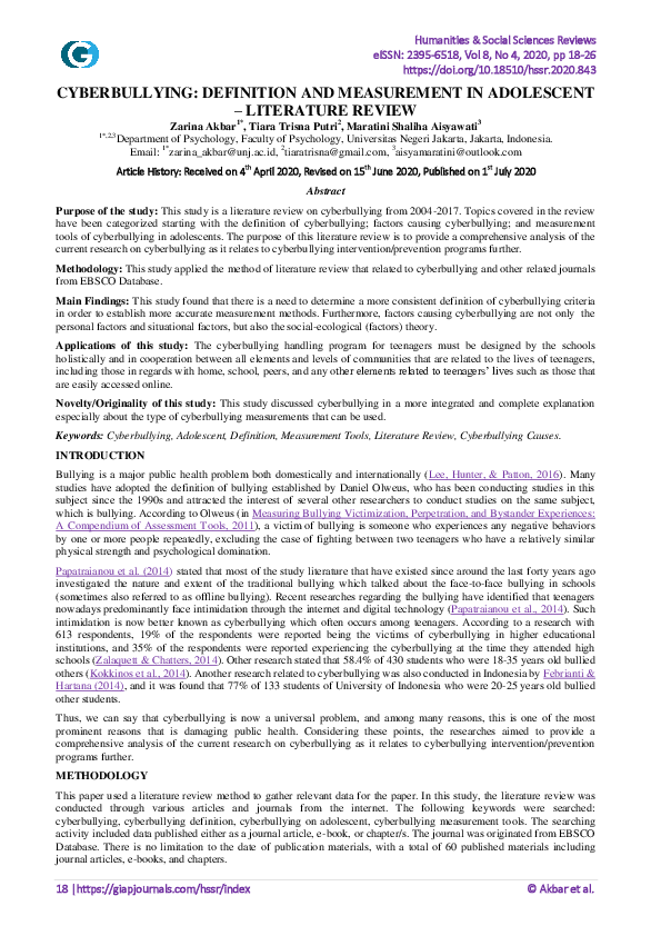 (PDF) Cyberbullying: Definition and Measurement in Adolescent ...