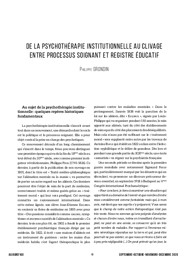 (PDF) De la psychothérapie institutionnelle au clivage entre processus ...