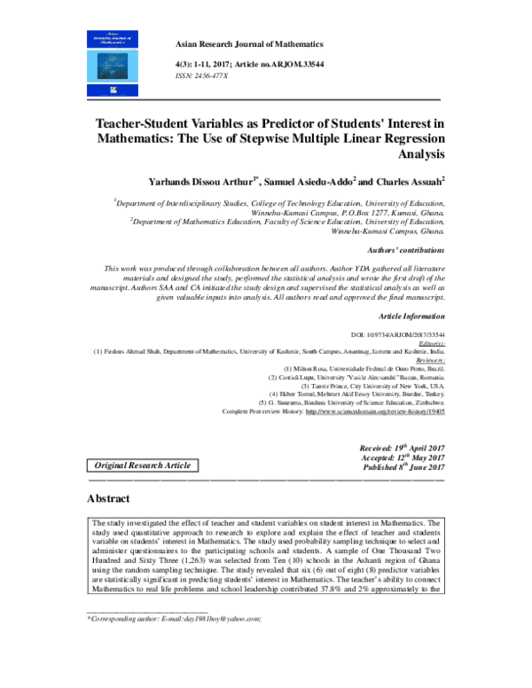 (PDF) Teacher-Student Variables as Predictor of Students' Interest in ...