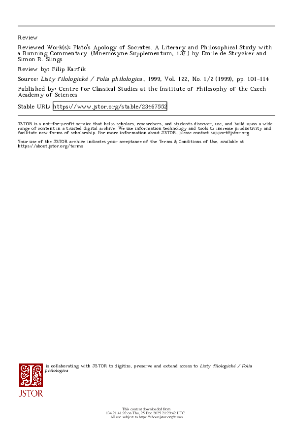 (PDF) Review of Emile de Strycker, Simon R. Slings, Plato’s Apology of ...