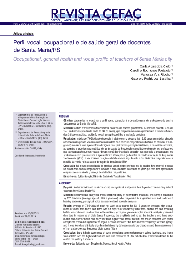 (PDF) Perfil vocal, ocupacional e de saúde geral de docentes de Santa ...