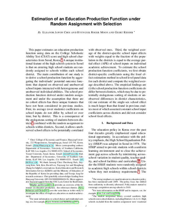 (PDF) Estimation of an Education Production Function under Random ...