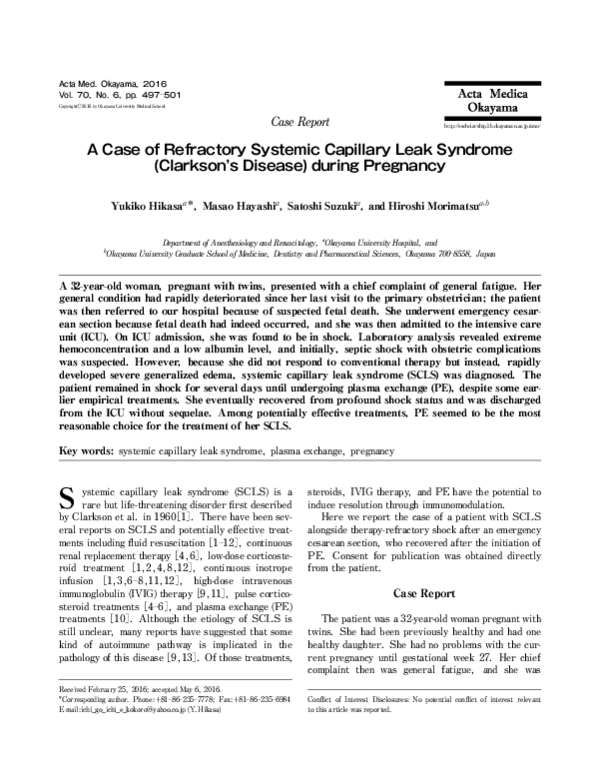 (PDF) A Case of Refractory Systemic Capillary Leak Syndrome (Clarkson's ...