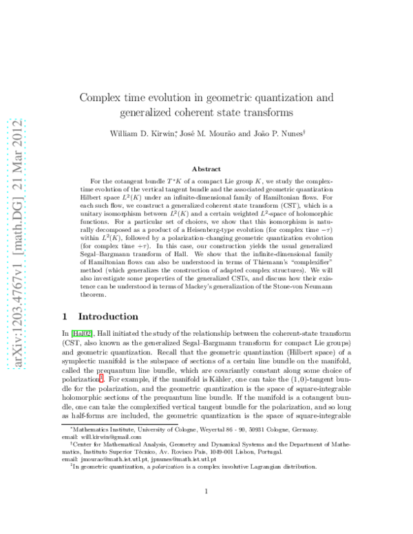 (PDF) Complex time evolution in geometric quantization and generalized ...