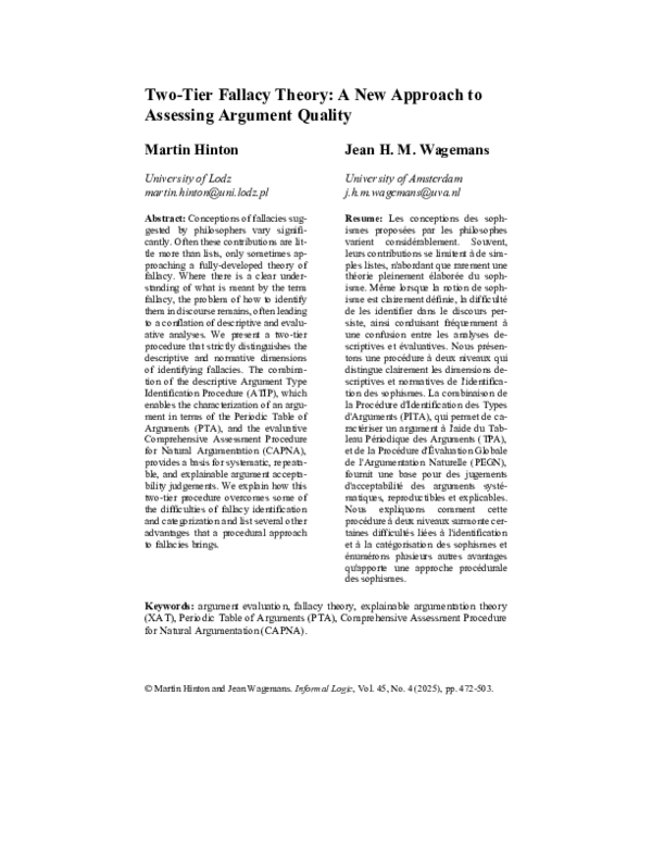 (PDF) Two-Tier Fallacy Theory: A New Approach to Assessing Argument Quality