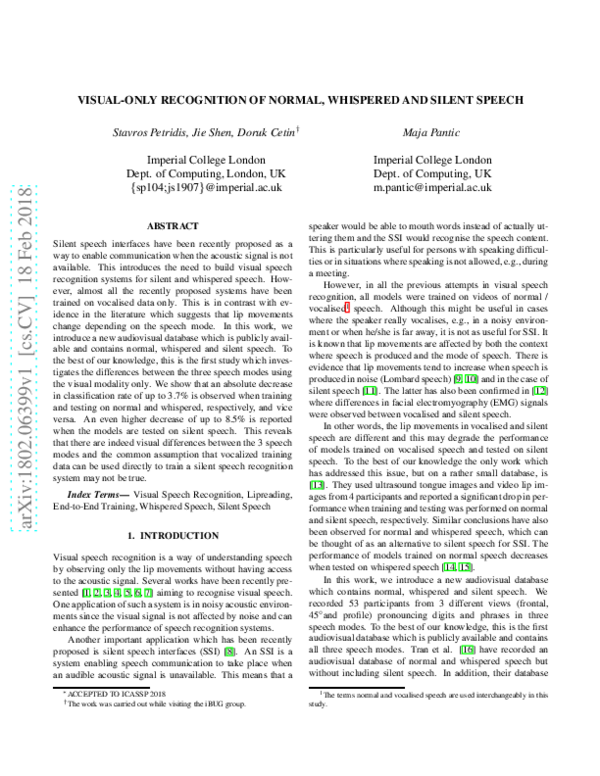 (PDF) Visual-Only Recognition of Normal, Whispered and Silent Speech