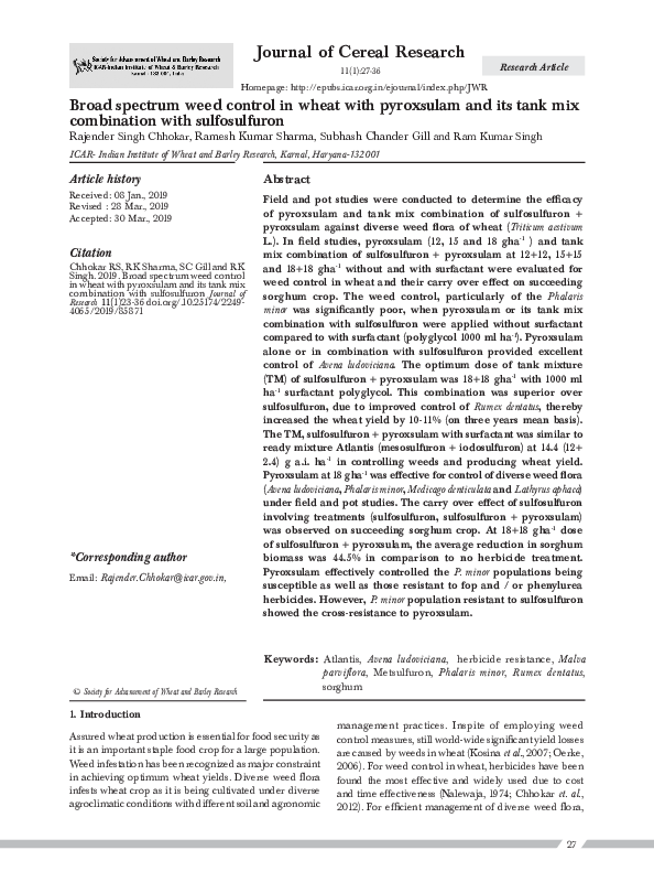 (PDF) Broad spectrum weed control in wheat with pyroxsulam and its tank ...