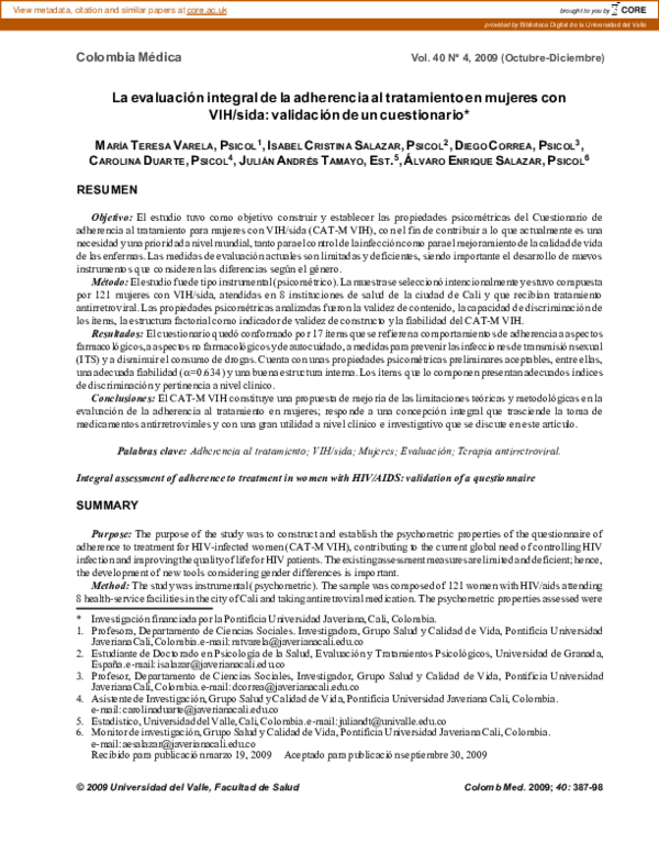 (PDF) Integral Assessment of Adherence to Treatment In Women With HIV ...