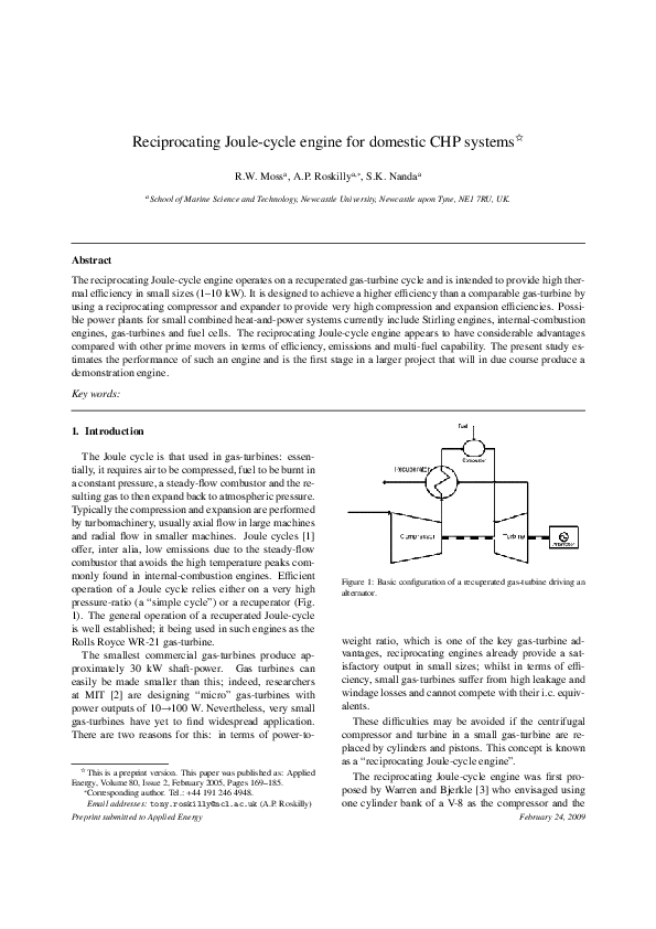 (PDF) Reciprocating Joule-cycle engine for domestic CHP systems