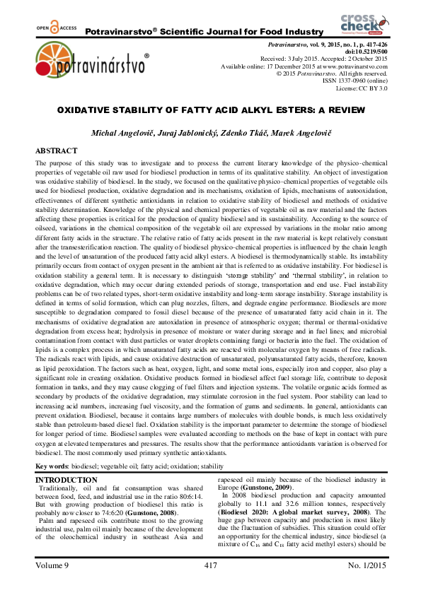 (PDF) Oxidative stability of fatty acid alkyl esters: a review