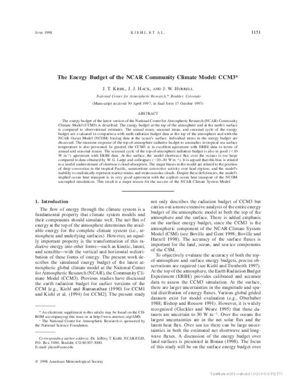 (PDF) The Energy Budget of the NCAR Community Climate Model: CCM3*