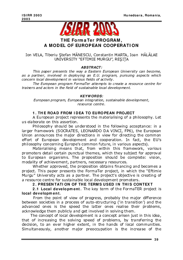 (PDF) THE FormaTer PROGRAM, A MODEL OF EUROPEAN COOPERATION
