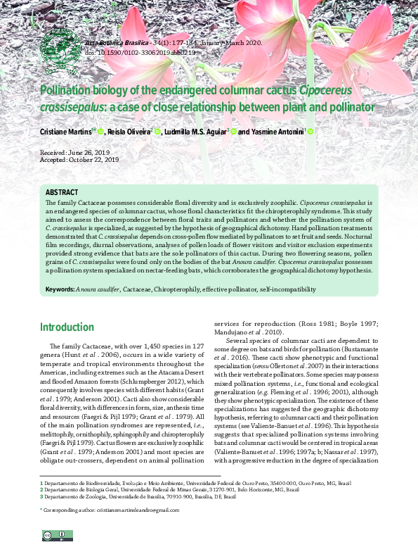 (PDF) Pollination biology of the endangered columnar cactus Cipocereus ...