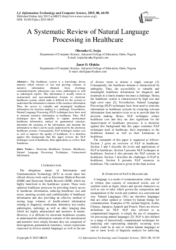 (PDF) A Systematic Review of Natural Language Processing in Healthcare