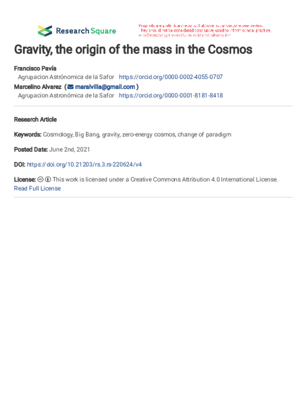 (PDF) Gravity, the origin of the mass in the Cosmos