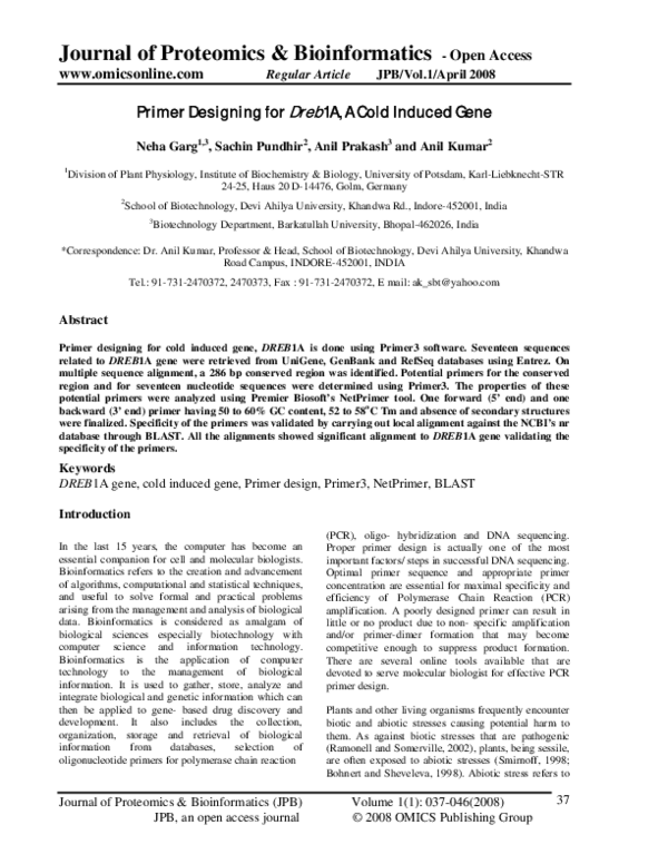 (PDF) Primer Designing for Dreb1A, A Cold Induced Gene